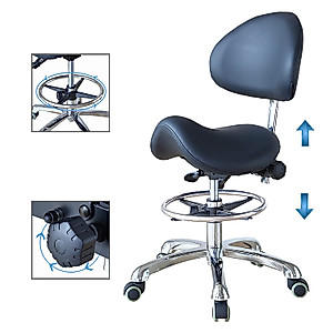 FOHGFNT Saddle Stool Rolling Chair with Back Support Ergonomic Seat Hydraulic Adjustable with Footrest for Home Office Dental Salon Shop Use, Black…