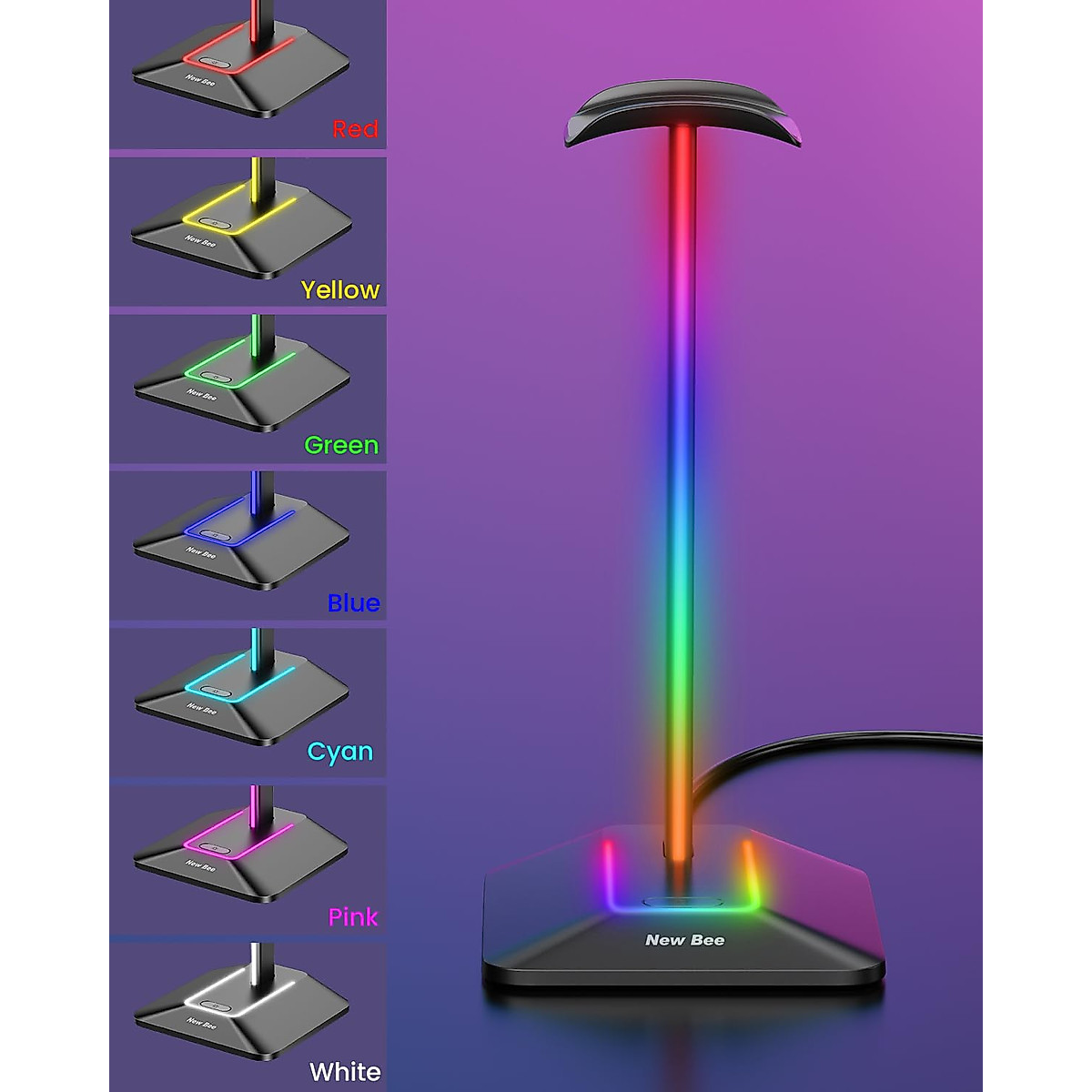 New bee RGB Headphone Stand Desk Gaming Headset Holder with 7 Light Modes and Non-Slip Rubber Base Suitable for All Earphone Accessories(Black)