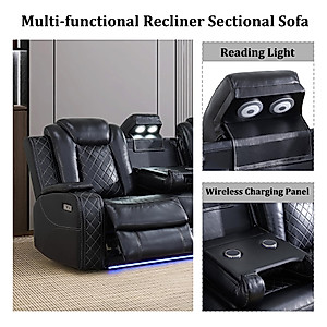 Power Recliner Sectional Sofa with LED, Breathing Leather Power Reclining Sofa Set, Sectional Reclining Couch with USB Port/Cup Holder/Storage for Living Room (Black)