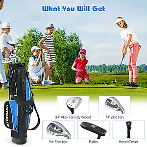 GYMAX Complete Golf Club Set for Kids/Children Right Hand, Includes #3 Fairway Wood &amp; #7 &amp; #9 Irons, Putter, Foamed Head Cover, Portable Youth Golf Club Set (for Age 11-13, Blue)