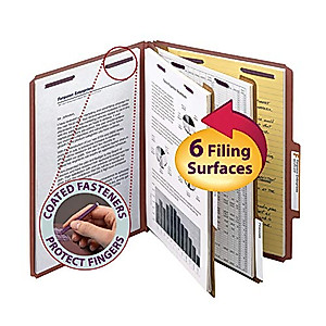 Smead Pressboard Classification File Folder with SafeSHIELD Fasteners, 2 Dividers, 2" Expansion, Letter Size, Red, 10 per Box (14073)