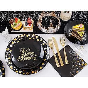 Nervure 175PCS Happy Birthday Plates - Black Plastic Plates with Gold & Silver Dot Include 25 Dinner Plates, 25 Dessert Plates, 75 Plastic Silverware, 25 Cups, 25 Napkins for Birthday & Party