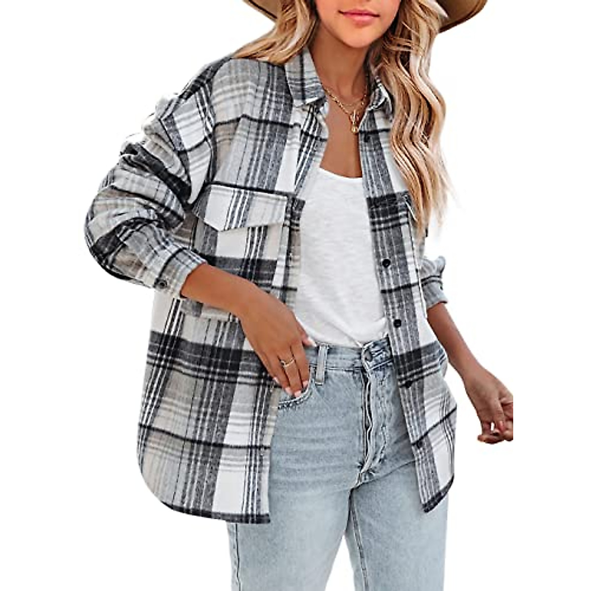 Womens Casual Plaid Shacket Flannel Button Down Long Sleeve Shirt Fall Jacket Shackets 6059 A-Grey Large
