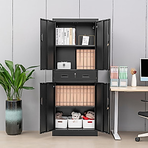 BESFUR Metal Cabinet, Garage Storage Cabinet with Drawer and Adjustable Shelves for Garage, Office, School - Black