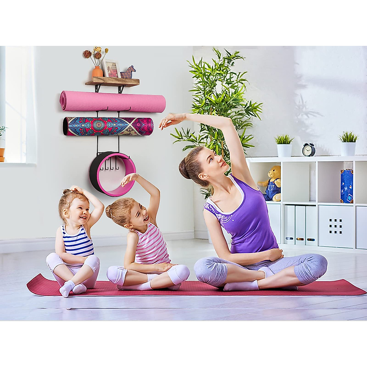 Bikoney Yoga Mat Holder Wall Mount Yoga Mat Storage Home Gym Accessories with Wood Floating Shelves and 4 Hooks for Hanging Foam Roller and Resistance Bands Fitness Home Gym Carbonized Black