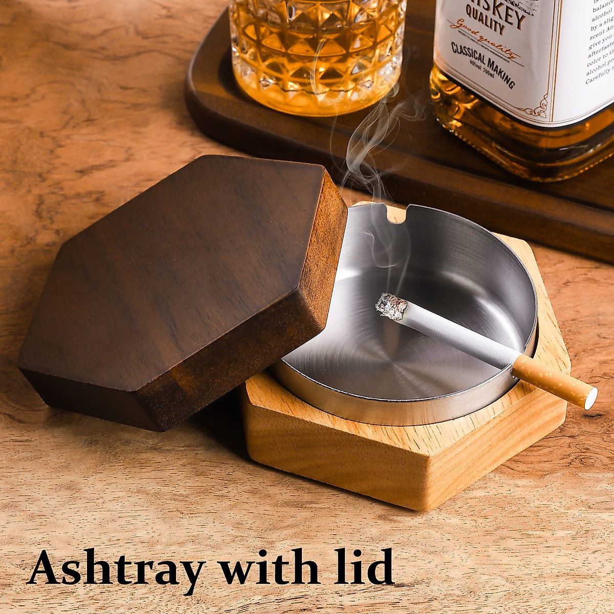 DDAJJAJ Windproof Ash Tray for Weed with Lid, Wooden Ashtray with Stainless Steel Liner for Outdoors and Indoors Use, Smoking Ashtray for Home Office