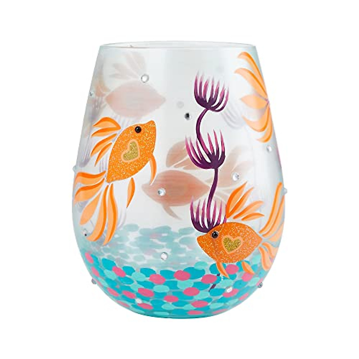 Enesco Designs by Lolita Turquoise Water and Gold Fish Artisan Hand-Painted Stemless Wine Glass, 1 Count (Pack of 1), Multicolor