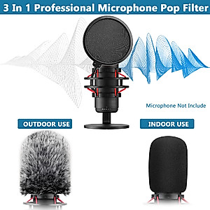 Pop Filter for Hyperx Quadcast,3 in 1 Quadcast S Mic Pop Filter + Furry Windscreen+ Foam Mic Cover for Hyperx Microphone,Professional Noise Reduction QuadCast Pop Filter Set by ChromLives, Combo 3Pack