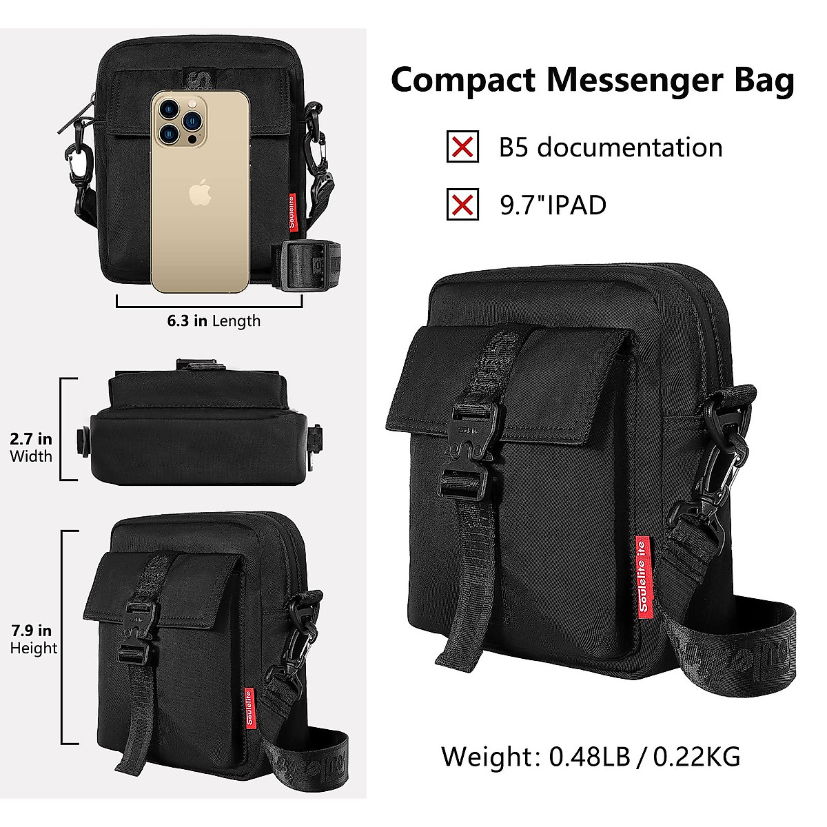 Soulelite Small Sling Bag Cell Phone Bag Wallet Crossbody Bags for Women/Men, Durable and Waterproof, Suitable for Casual Sports, Commute, and Outdoors -Black