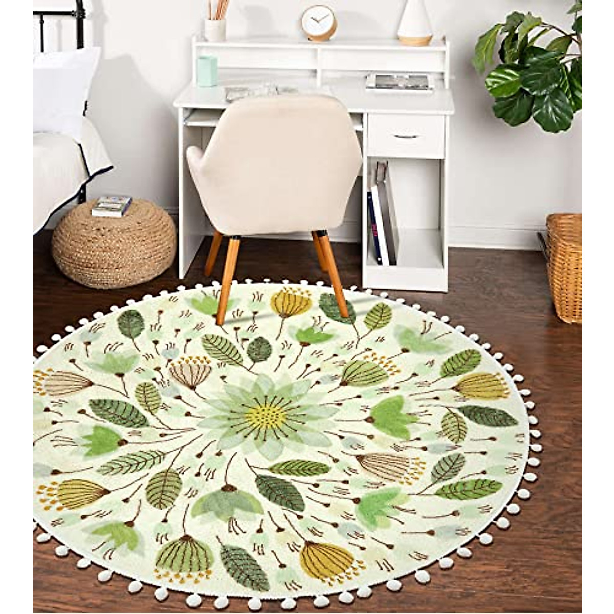 Uphome Round Throw Rugs for Bedroom 4' Circle Cute Area Rug with Pom Poms Fringe Floral Plant Washable Non-Slip Soft Floor Mats for Entryway Laundry Living/ Kids Room Nursery, Green
