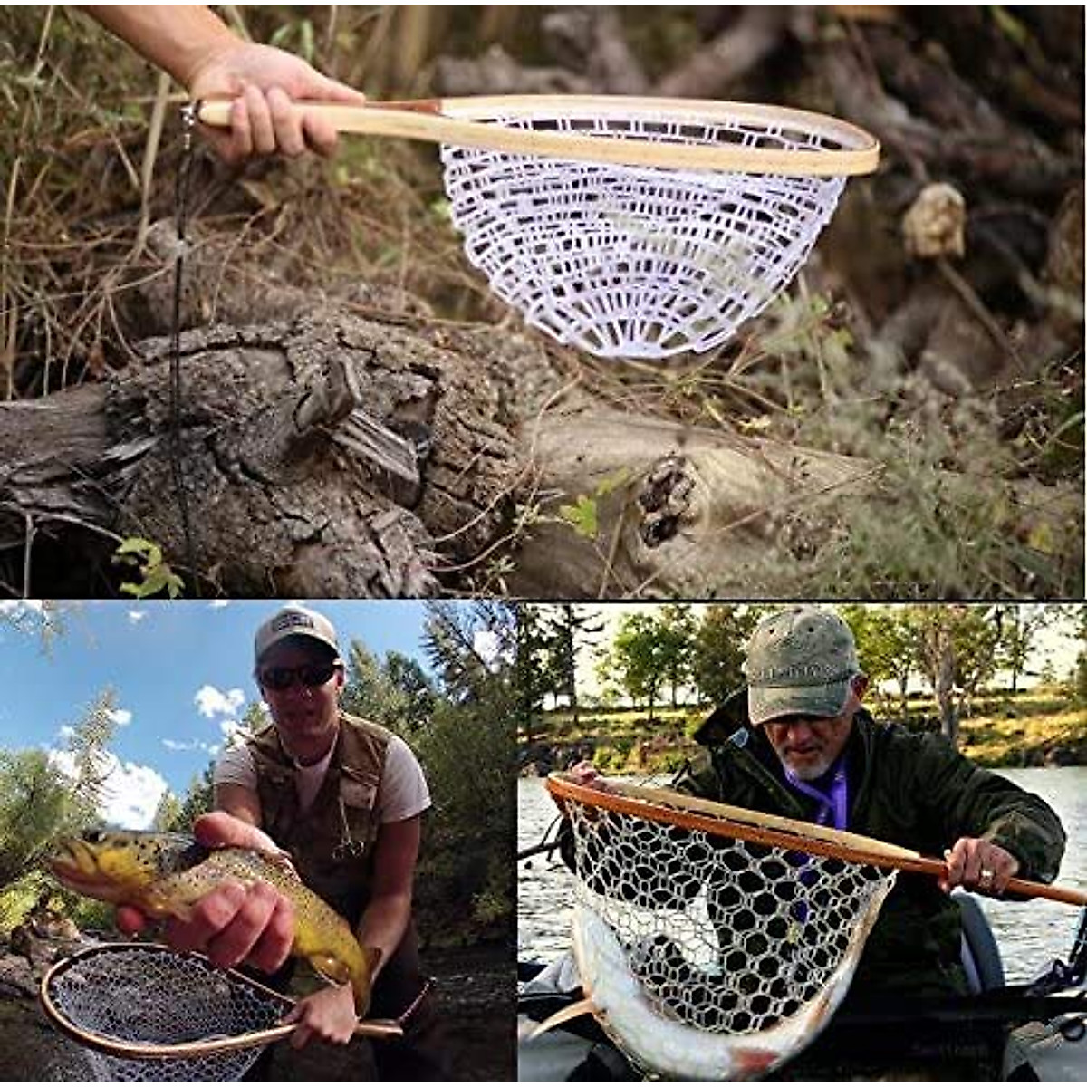 Mounchain Fishing Net Fly Fishing Landing Net, Wooden Frame Fish Net with Soft Rubber Mesh for Trout Catch and Release Net Gifts for Father Men