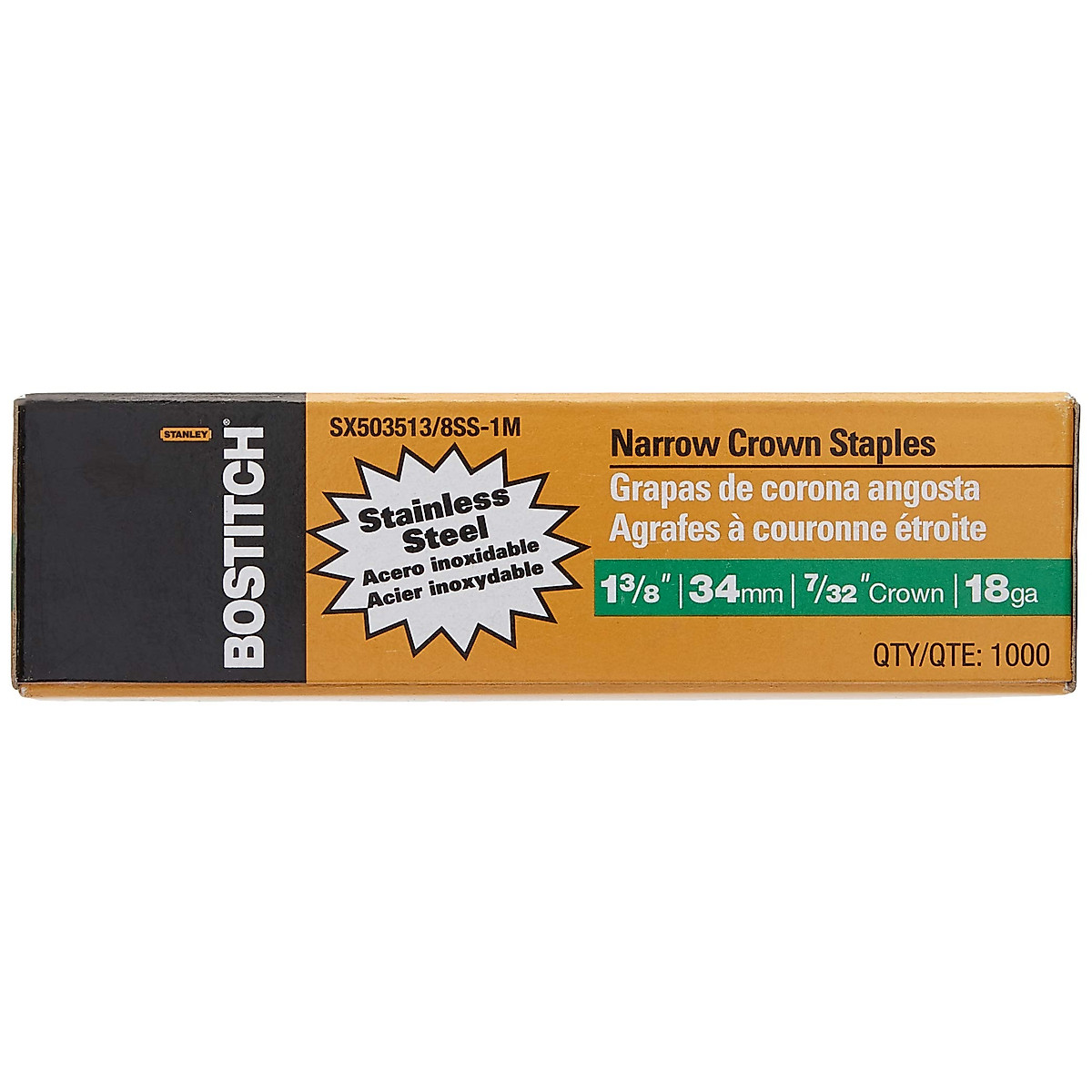 Bostitch Sx503513/8ss-1m 1-3/8"leg 18-gauge 7/32" Narrow Crown Stainless Steel Staples(1000)