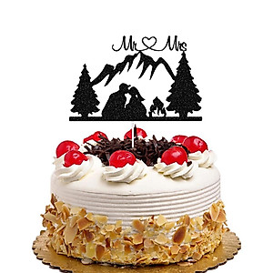 QXQXBA Mountain Wedding Cake Topper, Romantic Outdoors Forest Hiking Mr and Mrs Wedding Party Decoration, The Groom Kissing Bride Cake Decors, Black Glitter