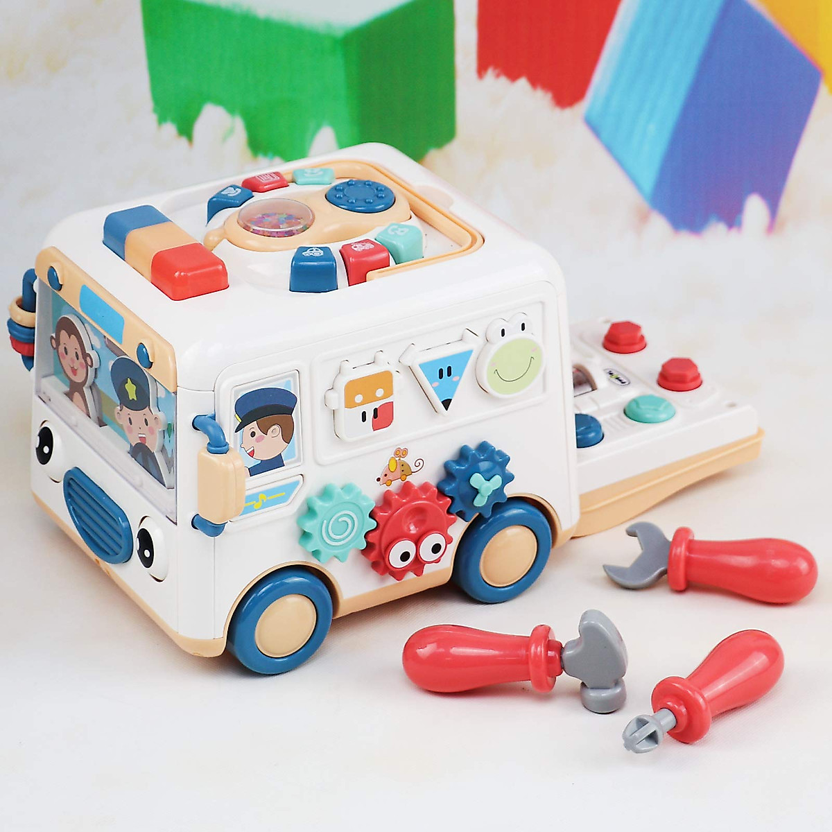 OWNONE 1 Baby Activity Cube Toy, Musical School Bus Toy for Toddlers 1-3, Learning Music Toy Birthday Gift for Baby Boys & Girls 1 2 3 Years Old