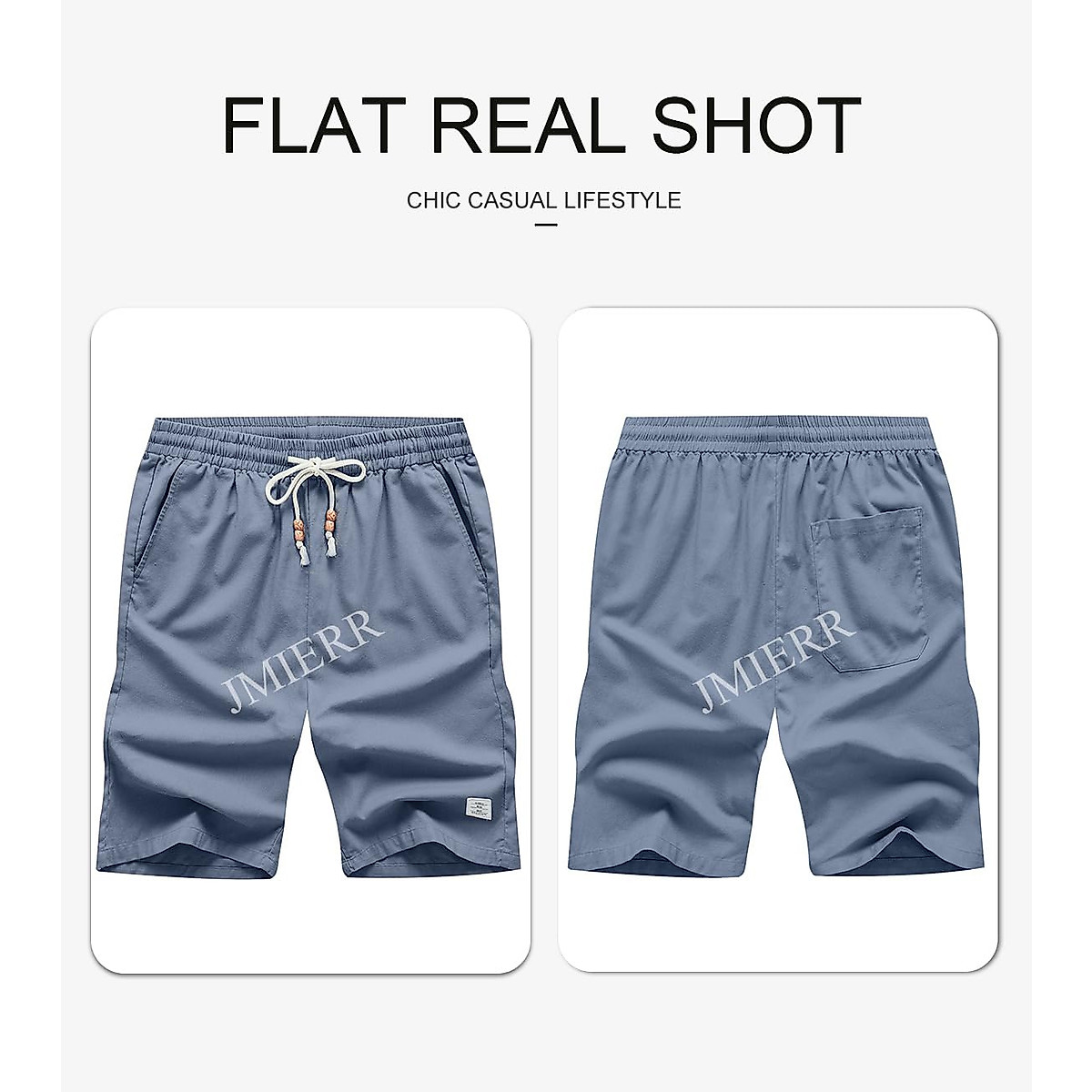 JMIERR Men Shorts Linen Cotton Casual Classic Fit Flat Front Elastic Waist Drawstring Lightweight Summer Beach Shorts for Men US 34 (Medium) Blue