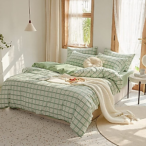 LifeTB 4 PCS Reversible Green Plaid Duvet Cover Set 【1 Queen Duvet Cover + 2 Standard Pillowcases + 1 Queen Fitted Sheet】