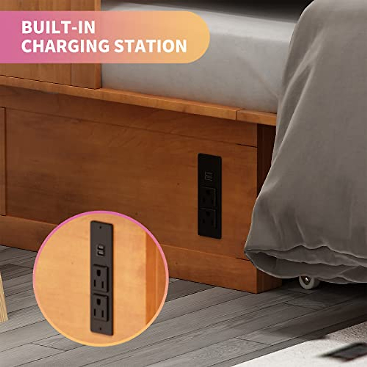 Mixoy Queen Size Murphy Cube Bed,Queen Murphy Cube Cabinet Chest Bed with 3 Level Folding Memory Foam Mattress & USB Charging Station& Large Drawers (Russet Brown,Poplar)