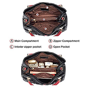 Leather Satchel Handbags for Women, Genuine Leather Alphabet Signature Pattern Ladies Top-handle Bags Womens Real Leather Tote Purses and Handbags Women's Shoulder Shopper Girls Large Carryall (Black)