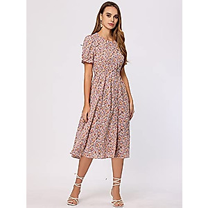 Allegra K Women's 2023 Floral Midi Dress Round Neck Ruffle Sleeve Button Down Shirtdress Large Purple