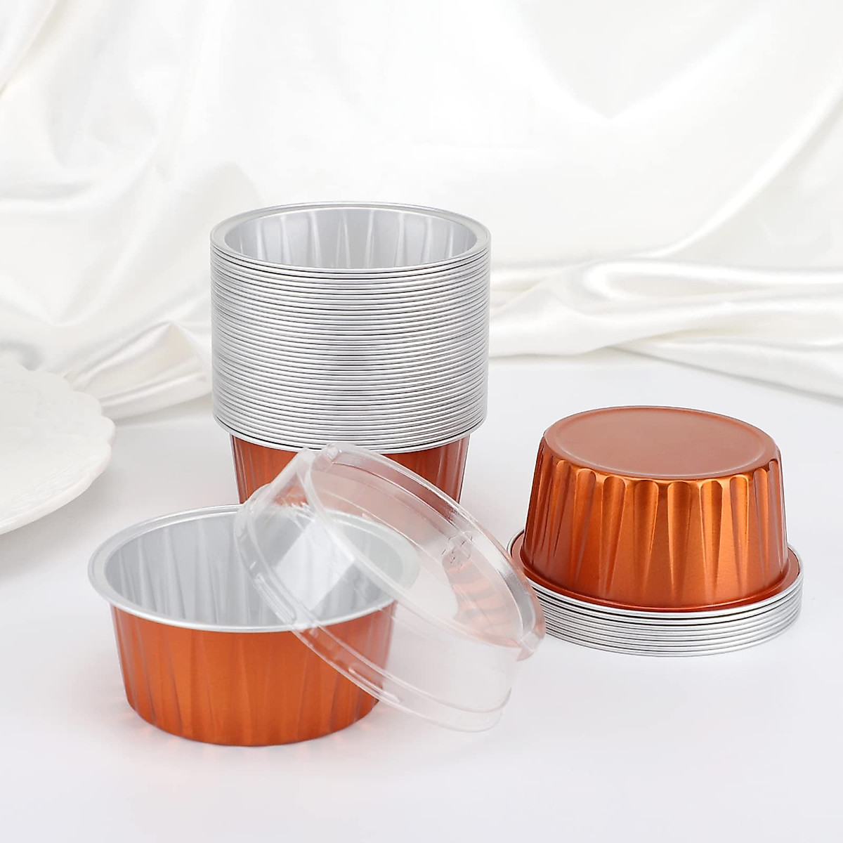 EUSOAR Foil Baking Cups, 30pcs 5oz Disposable Aluminum Foil Cups Cupcake Containers Wrappers with Lids, Dessert Cups with Lids Mini Aluminum Cheesecake Pan Creme Brulee Ramekins-Caramel
