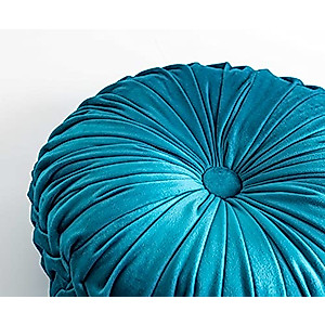 Cassiel Home Summer Home Pleated Velvet Round Throw Pillow Turqoise Summer Pintuck Decorative Pillow for Couch Sofa Bed Armchair Lounge Garden Patio Bench or Bedroom Floor Cushion 14.5 inches