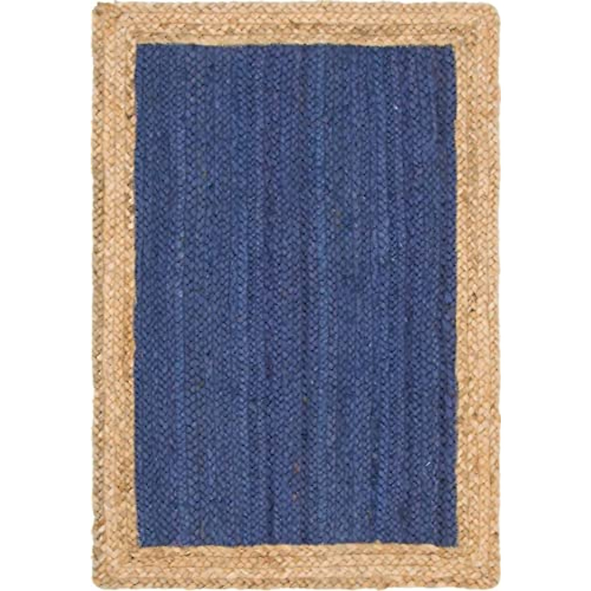 Unique Loom Braided Jute Collection Classic Quality Made Natural Hand Woven with Solid Color Detail, Area Rug, Rectangular 2' 0" x 3' 0", Navy Blue/Tan