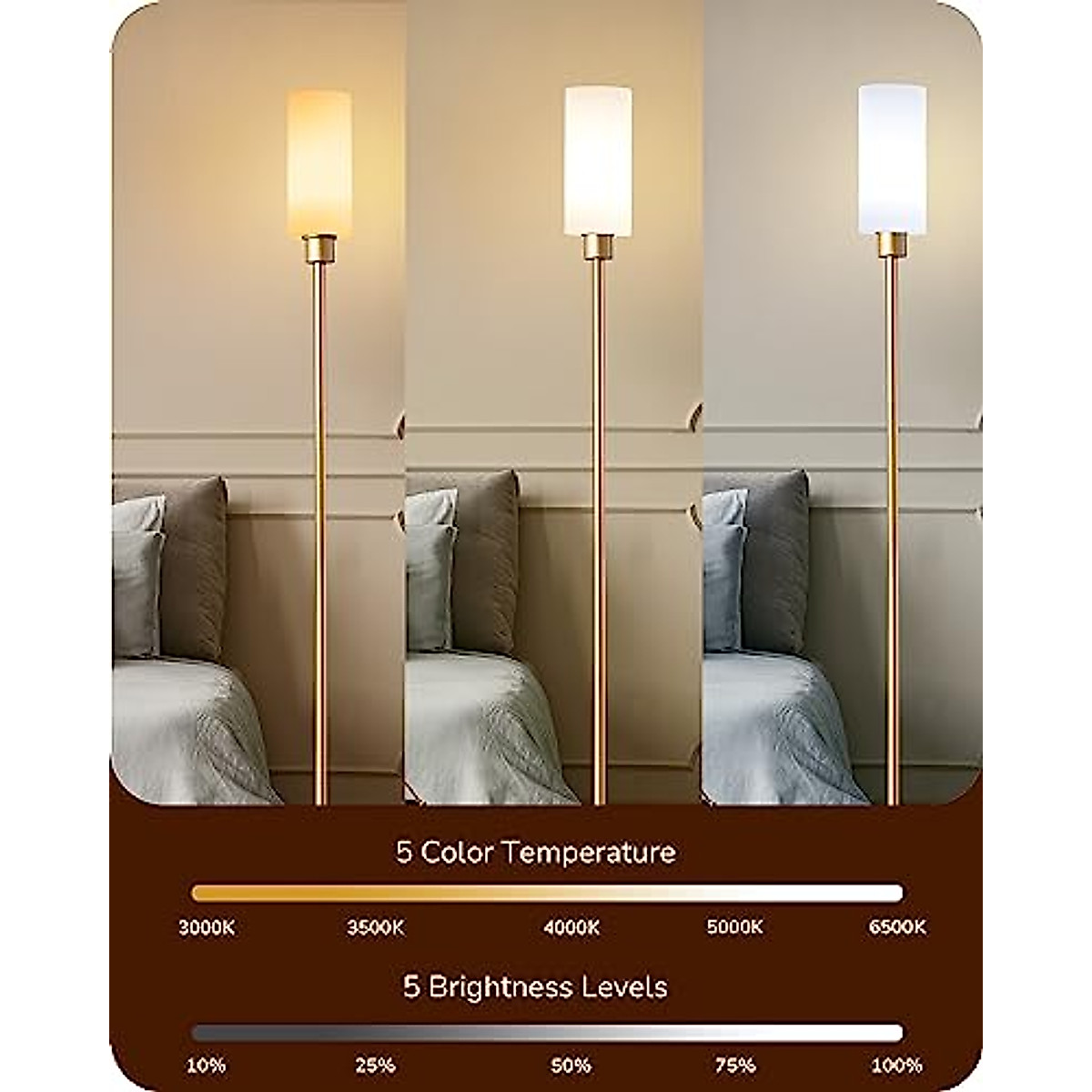 EDISHINE LED Corner Floor Lamp with Glass Lampshade, Modern Dimmable Lamp with Remote, 5 CCT, 65" Tall Standing Light for Living Room, Bedroom, Office, Bulb Included (Gold)