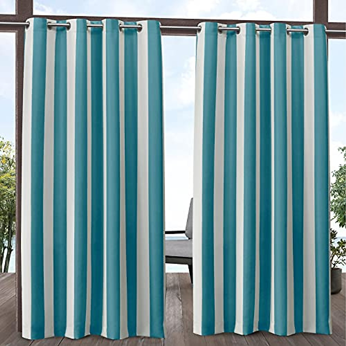Exclusive Home Canopy Stripe Indoor/Outdoor Grommet Top Curtain Panel, 54"x96", Teal / White, Set of 2