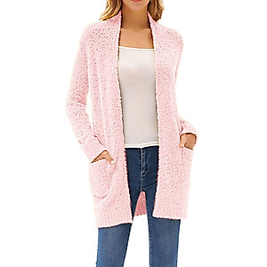 GRACE KARIN Long Cardigan Sweater for Women Fuzzy Chunky Knit Pink Sweater Soft Fleece Popcorn Cardigan Light Pink L