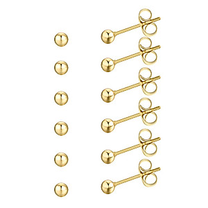 FOSIR 6 Pair Tiny Women 14K Gold Plated Ball Stud Earrings Surgical Stainless Steel Earrings Set (3mm, Gold)