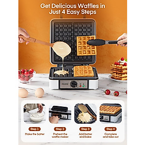 FOHERE Belgian Waffle Maker 4 Slices, 1200W Square Waffle Iron, 5 Browning Levels, Nonstick Plates, Cool-touch Handle, Anti-scald, Anti-overflow, Indicator Lights, Recipe, White