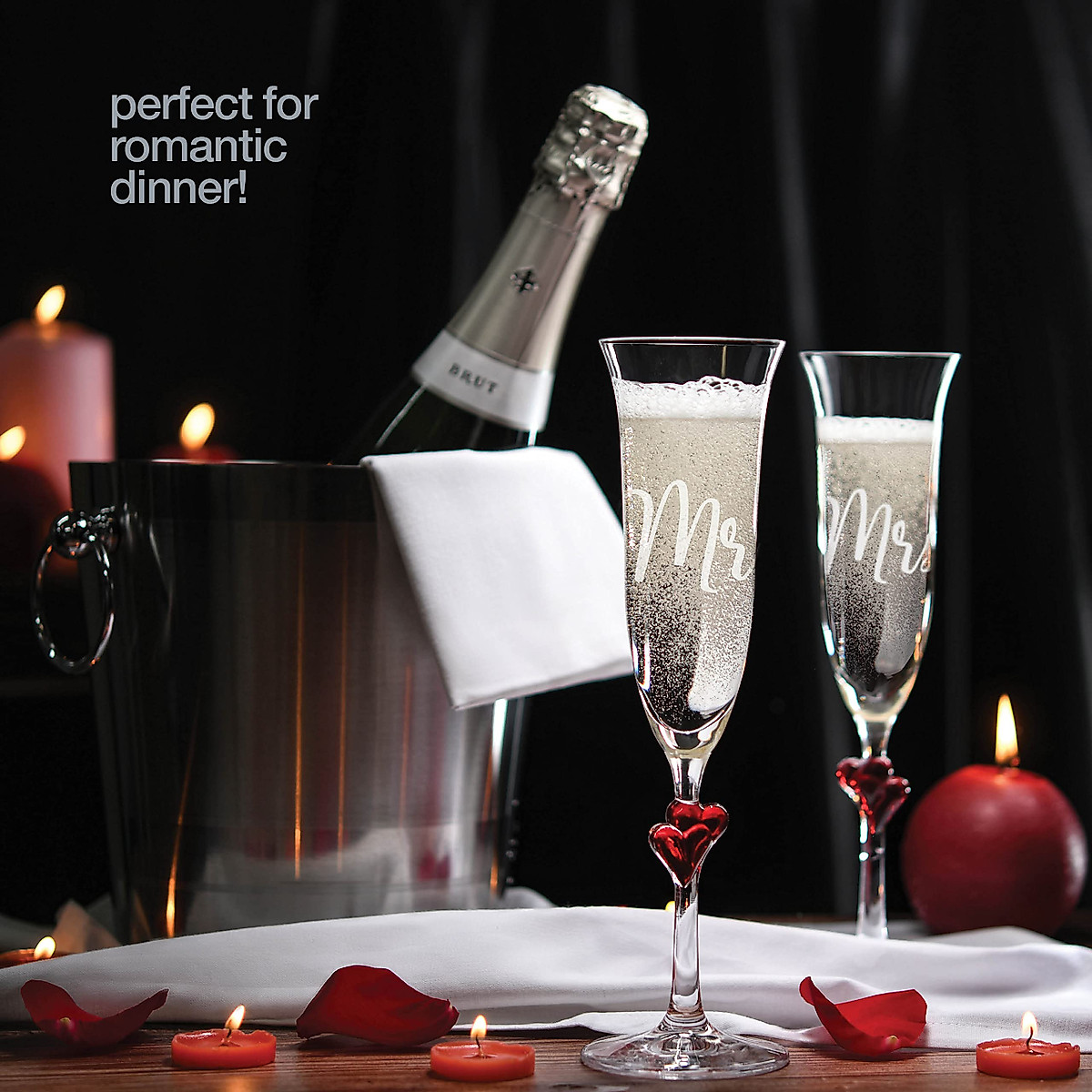 Champagne Flutes Set of 2-6 oz European Mr and Mrs Champagne Glasses with Red Hearts, Bride and Broom Champagne Flutes, Bridal Shower Gift, Wedding Gifts, Engagement Gifts for Couples