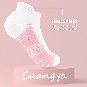 cuangya Performance Ankle Socks Women with Heel Tab for Running Athletic White Socks Pink Low Cut Cushioned 5-Pairs