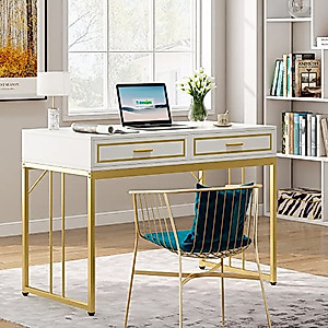 Tribesigns Computer Desk with Drawers, 47 Inch White and Gold Desk, Simple Modern Study Writing Desks with Storage, Make Up Vanity Console Table for Home Office, Bedroom, Living Room