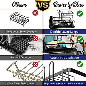 BaverlyBlue Dish Drying Rack with Drainboard, 2 Tier Dish Rack Easy to Install Dish Drying Rack for Kitchen Counter with Cutting Board Rack Silicone Mat (24 * 16inch)-Dish Rack (Black)
