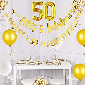Gold Fifty & Fabulous Happy 50th Birthday Banner Garland Foil Balloon 50 for Womens 50th Birthday Decorations Hanging 50 and Fabulous Cheers to 50 Years Old Birthday Party Supplies Backdrop