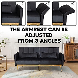 DANNRATCH 2 Pieces Velvet Sofa Set Convertible Sleeper Sofa Tufted Couch Bed with Adjustable Armrests and Backrest, Modern Loveseat Sleeper Bed with 2 Bolster Pillows for Living Room, Bedroom, Black