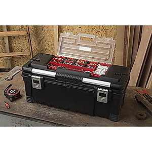 Keter Mobile Hawk Cart and Stackable Tool Box System and Organizer with Telescopic Comfort Grip Handle - Perfect Organization and Storage Chest for Power Drill, Tape Measure, and Small Parts