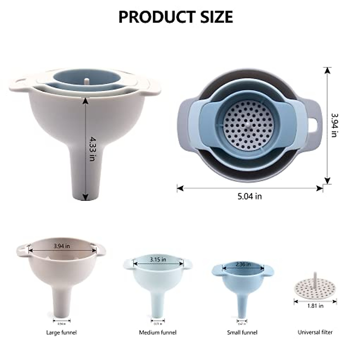 NileHome Funnels for Kitchen Use Removable Kitchen Funnels Set of 3 Food Grade PP Plastic Funnels Wide Mouth Oil Funnels with Strainer Filter for Filling Bottles, Liquid, Powder, Solid Particles