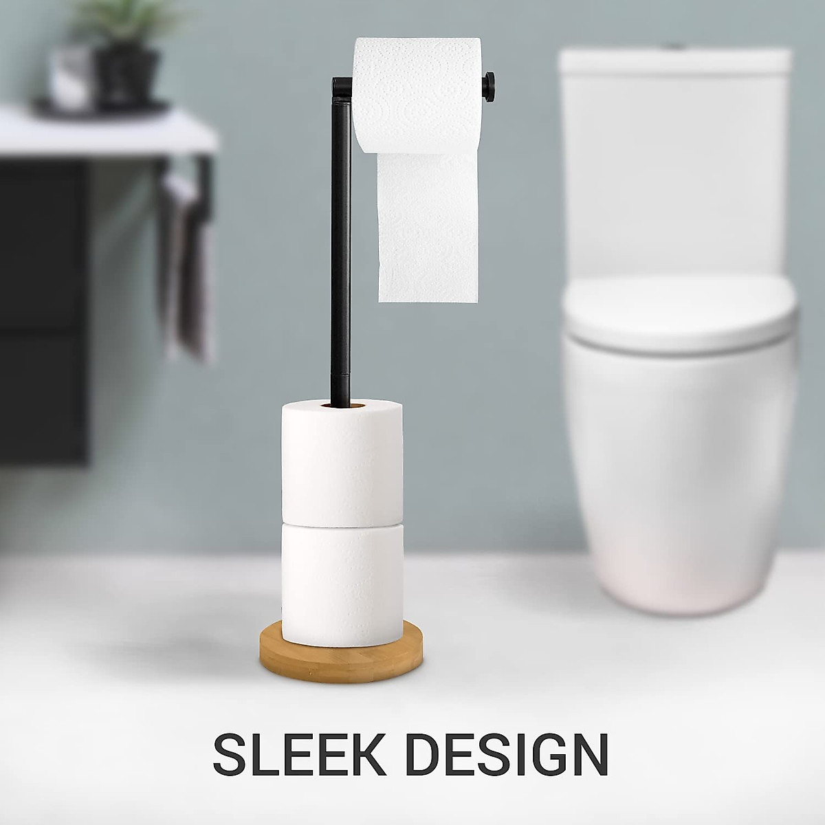 Toilet Paper Holder Stand, Modern Bamboo Base Free Standing Toilet Paper Holder with Storage, Sturdy Black Metal Stand with Weighted Base, Sleek and Decorative Freestanding Bathroom Toilet Roll Holder
