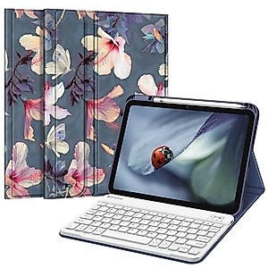 Fintie Keyboard Case for iPad 10th Generation 10.9 Inch Tablet (2022 Release) with Pencil Holder - Soft TPU Back Cover with Magnetically Detachable Bluetooth Keyboard, Blooming Hibiscus