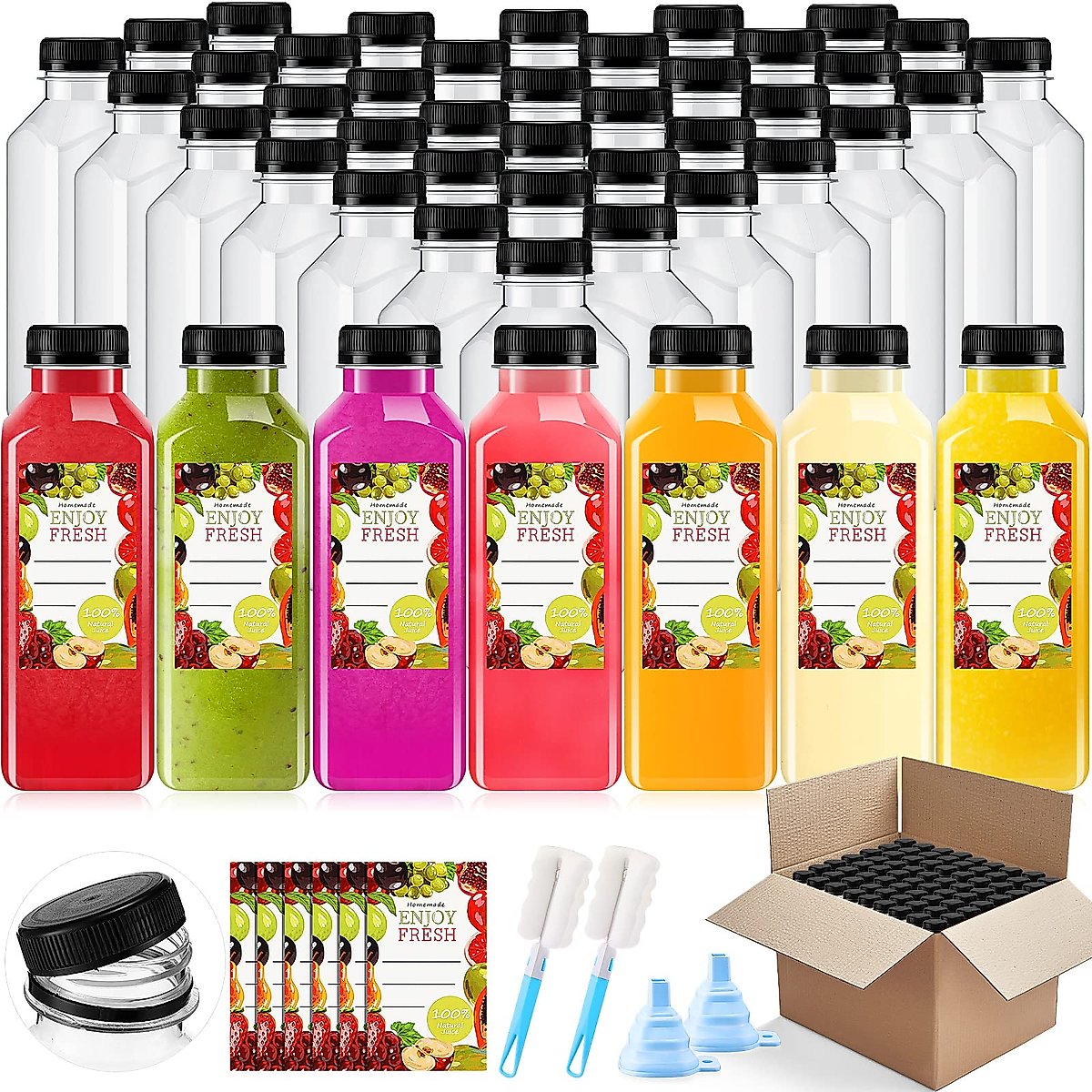 Skylety 200 Pcs Plastic Juice Bottles with Lids, Empty Clear Juice Bottles with Caps and Label, Juice Storage for Fridge with 2 Pcs Funnel and 2 Pcs Brush Beverage Containers for Juicing Milk (16 oz)