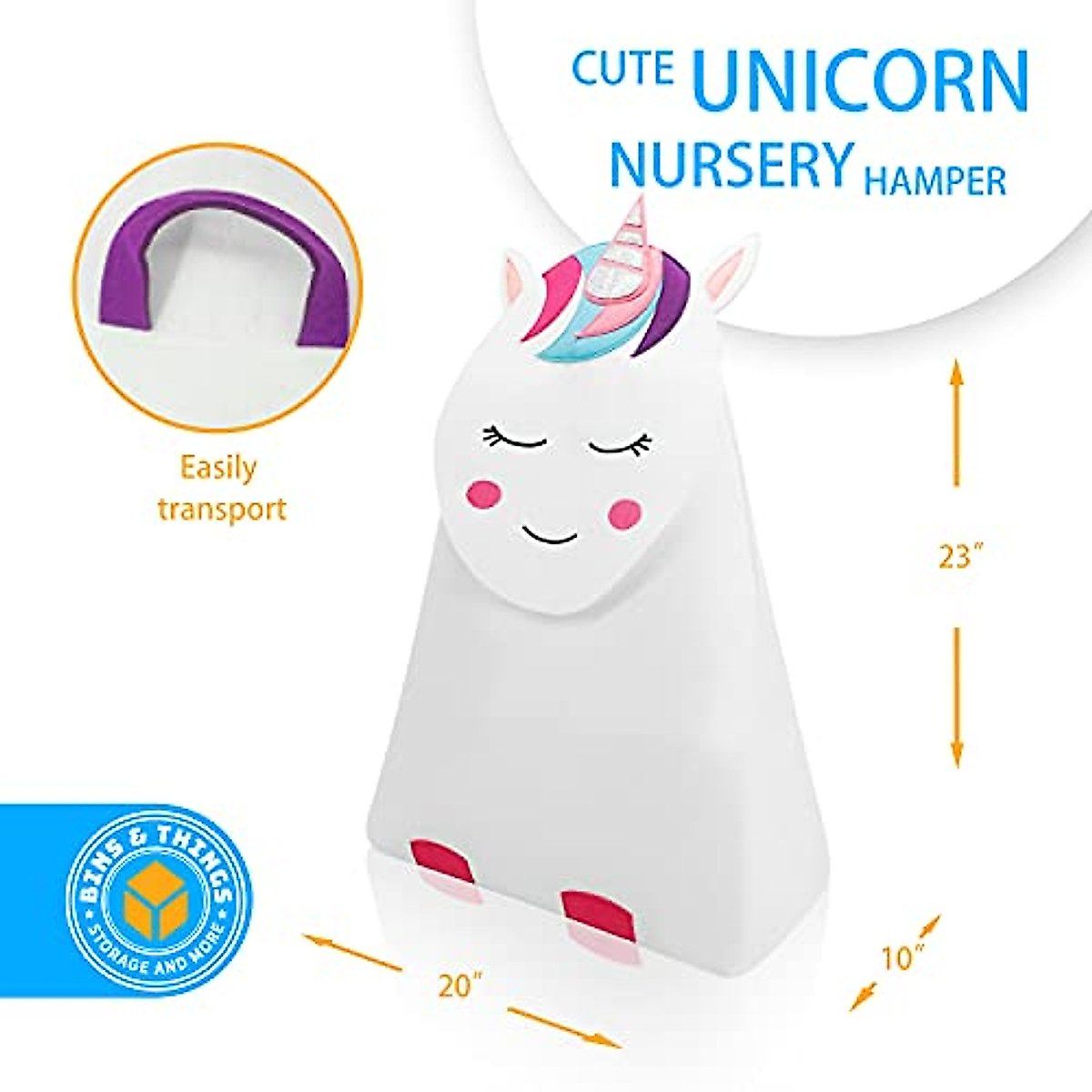 Bins & Things Unicorn Kids Nursery Laundry Hamper | Toy Organizer Basket | Baby Hamper | Baby Laundry Basket with Handles for Clothes, Toys - Storage Bin for Baby Boy or Girl