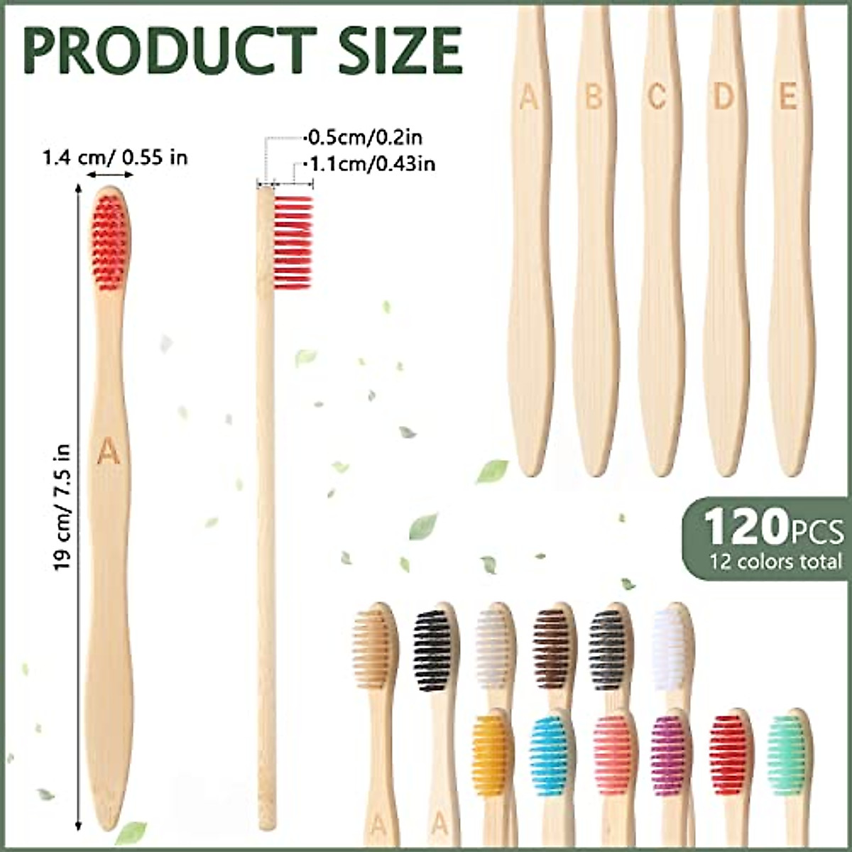 120 Pcs Bamboo Toothbrushes Bulk Soft Bristle Toothbrush Wooden Disposable Travel Toothbrush Bamboo Charcoal Individually Wrapped Toothbrush for Kid Adult Home Travel Use, 7.5 Inch, 12 Colors (Letter)