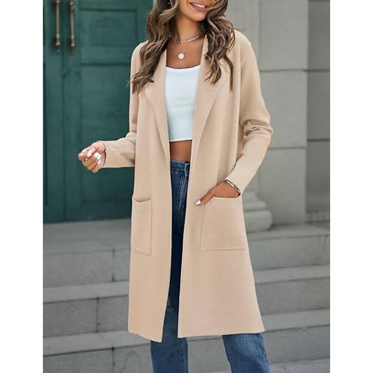 MEROKEETY Women's Open Front Coatigan Sweater Long Sleeve Casual Knit Lapel Cardigan Coat with Pockets, Apricot, Small