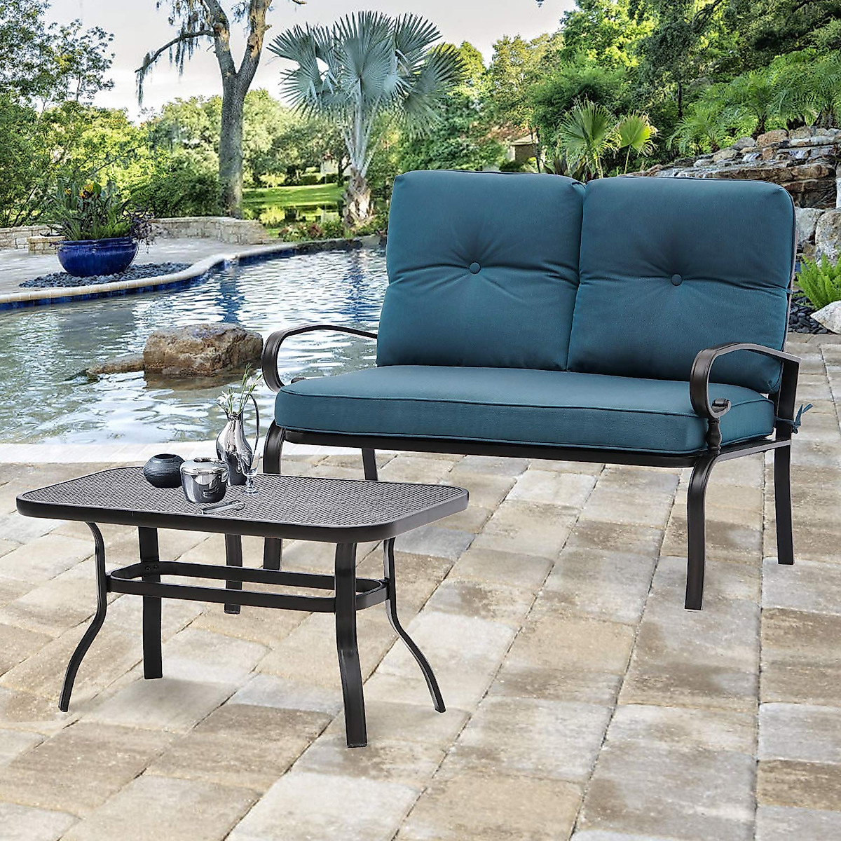 SUNCROWN 2-Piece Patio Loveseat Furniture Set Outdoor Steel Frame Bench with Thick Cushions and Coffee Table - Peacock Blue