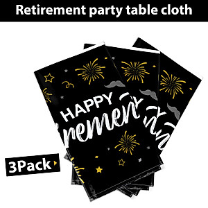 Retirement Decorations, 3pcs Black and Gold Happy Retirement Tablecloth, Plastic Disposable Rectangle Table Cover for Retirement Party Favor Decorations- 54" x 108"
