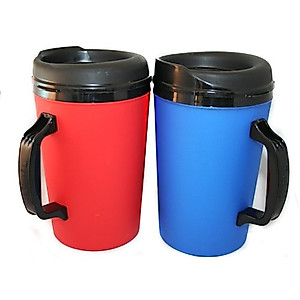 GAMA Electronics 2 ThermoServ Foam Insulated Coffee Mug 20 oz w/Lids (1) Blue & (1) Red