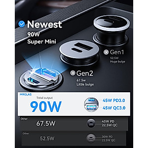 MRGLAS 90W USB C Car Charger Fast Charging, [PD45W & QC45W][Extra 3.3ft Type C Cable][Flush Fit][All Metal], Cigarette Lighter USB Charger for iPhone15 Pro Max Samsung S24 S23 Ultra Pixel 7/7Pro