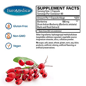 Euromedica Berberine 500 mg - 60 Capsules - Indian Barberry - Metabolic Support - Non-GMO, Vegan - 60 Servings